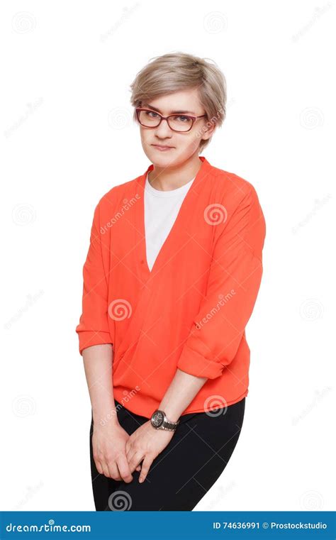 Blond Stylish Woman In Eyeglasses Portrait Isolated On White Stock