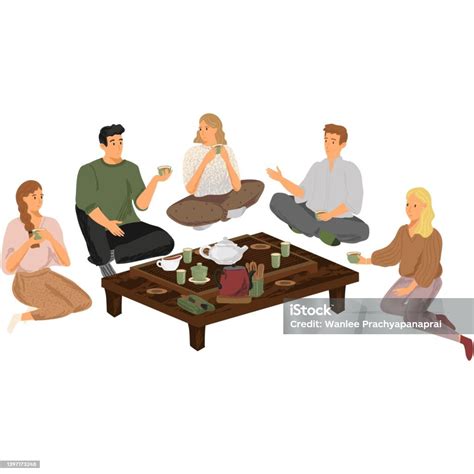 친구들은 테이블 벡터 아이콘에서 채팅하는 차를 마신다 바닥재에 대한 스톡 벡터 아트 및 기타 이미지 바닥재 사람들 앉음 Istock