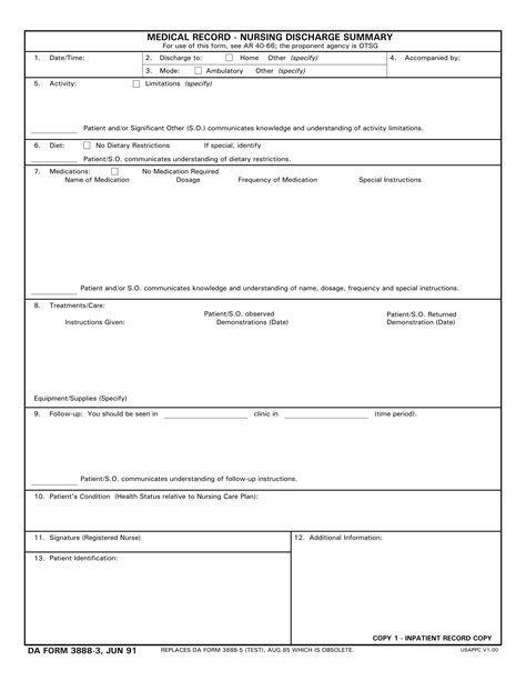 Da Form 3888 3 Medical Record Nursing Discharge Summary Forms