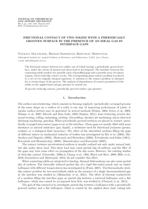 Pdf Frictional Contact Of Two Solids With A Periodically Grooved Surface In The Presence Of An