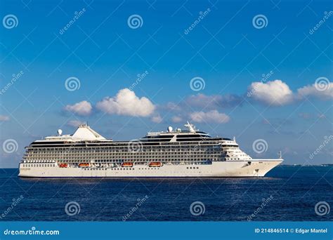 Large Luxury Beautiful Cruise Ship At Caribbean Sea With Blue Sky And