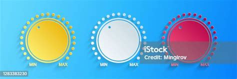 파란색 배경에 격리 된 용지 컷 다이얼 노브 레벨 기술 설정 아이콘 볼륨 버튼 사운드 컨트롤 스케일이있는 음악 노브 아날로그 레귤레이터 종이 아트 스타일 벡터 규모에 대한