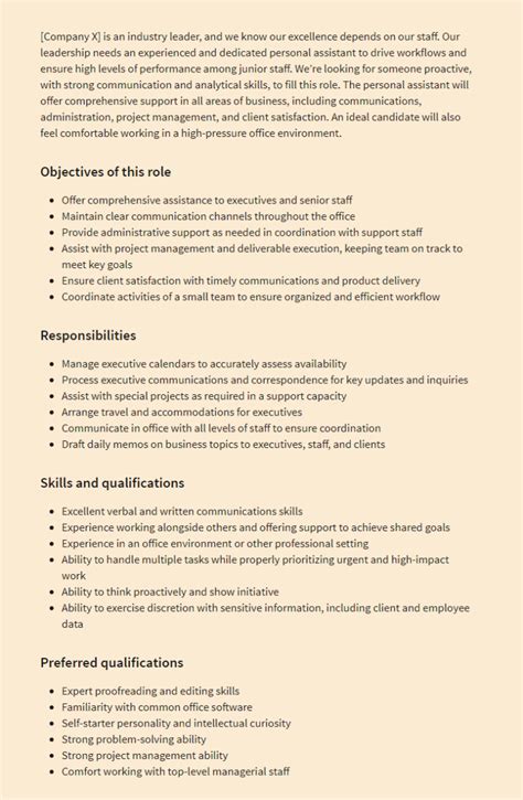 Personal Assistant Job Description Roles Responsibilities Templates