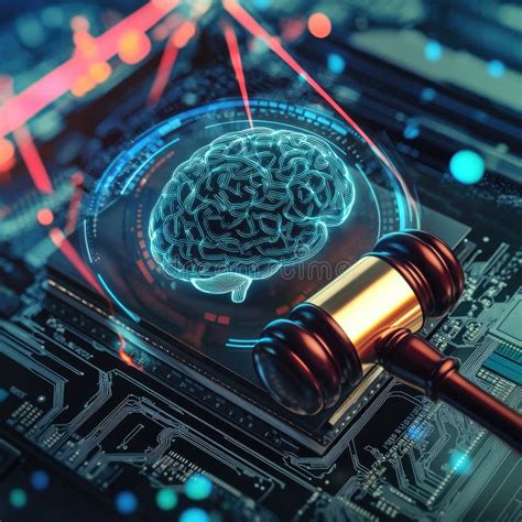 Ai Ethics And Law Gavel On Circuit Board With Brain Hologram Justice In The Digital Age Concept