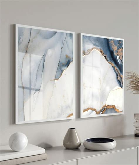 Kit Quadros Decorativos Abstrato Azul Dourado Moldura Vidro