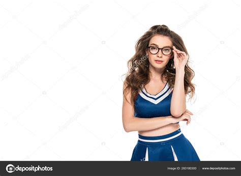 Sexy Serious Cheerleader Girl Blue Uniform Glasses Isolated White Stock Photo By IgorVetushko