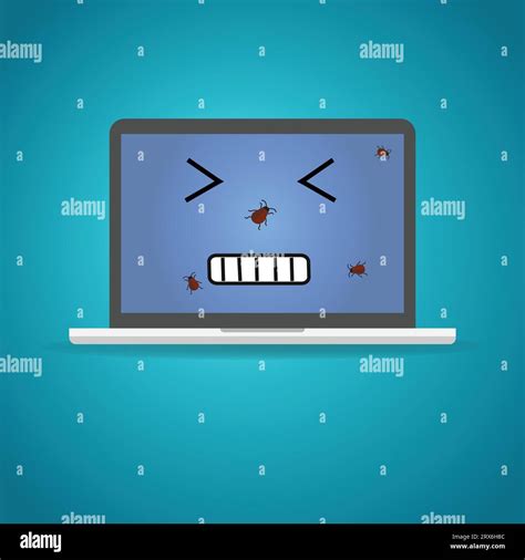 Sick Laptop With Antropomorphic Face And Bugs On It Computer Virus