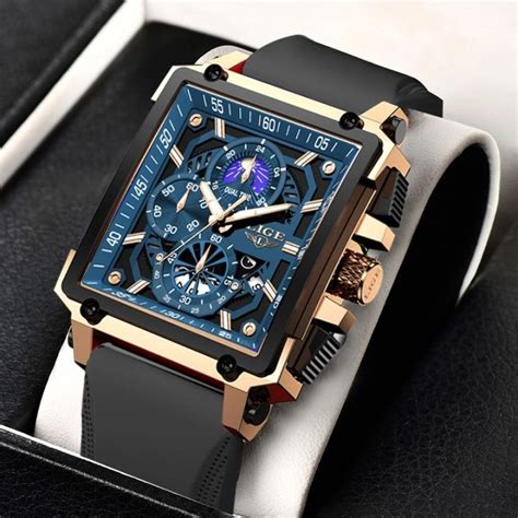 LIGE New Men Watches Luxury Hollow Square Sport Watch For Men Fashion Silicone Strap Waterproof