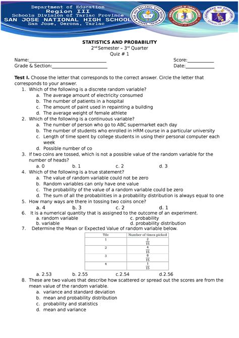 Stat Quiz1 The Document Is A Quiz On Statistics And Probability STATISTICS AND PROBABILITY 2