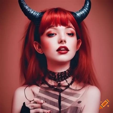 Attractive Demon Girl With Red Hair And Plaid Top