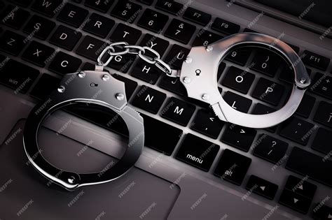 Premium Photo Cyber Crime Concept Handcuffs On Laptop Computer