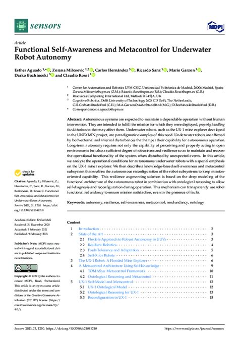 Pdf Functional Self Awareness And Metacontrol For Underwater Robot Autonomy