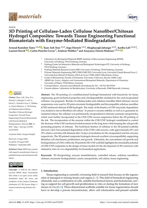 Pdf 3d Printing Of Cellulase Laden Cellulose Nanofiberchitosan Hydrogel Composites Towards
