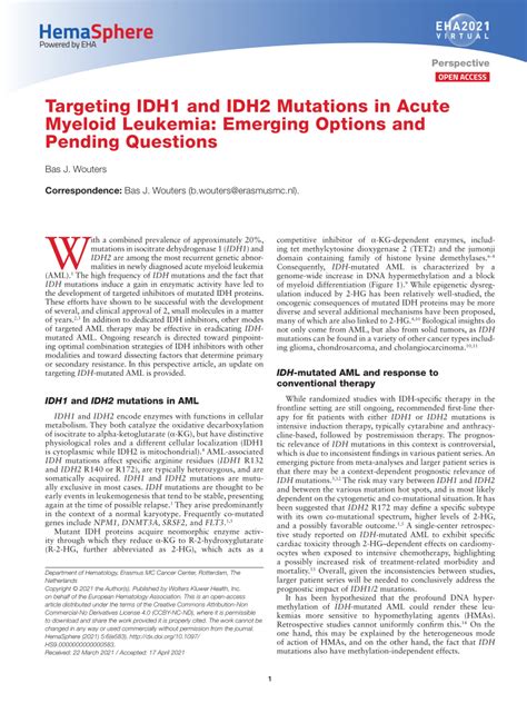 Pdf Targeting Idh1 And Idh2 Mutations In Acute Myeloid Leukemia Emerging Options And Pending