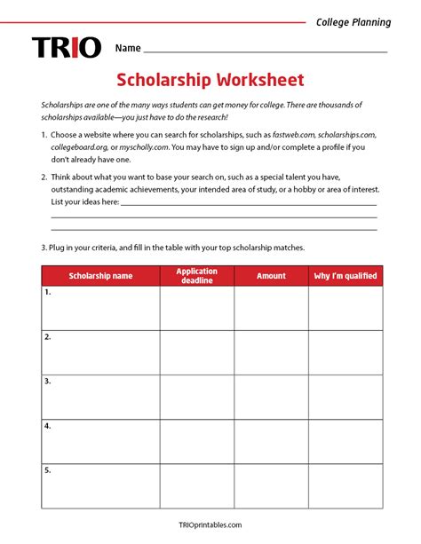 Scholarship Worksheet Activity Sheet Trio Printables