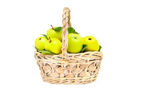 흰색 배경에 고리버들 바구니에 잎신선한 육즙 녹색 사과 원예 잘 익은 과일의 여름 수확 건강한 식생활 측면 보기 가을에 대한