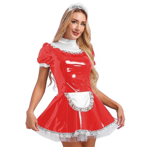 Damen Maid Schürze Kleid Lackleder Halloween Cosplay Kostüm Sexy