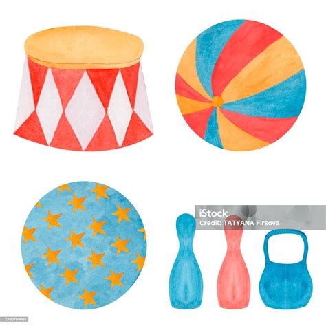 만화 세트 수채화 일러스트 Skittles 서커스 스탠드 공 그리고 케틀벨 배경에서 격리된 손으로 그린 구성입니다 당신의 디자인 아이 방을 위한 템플릿 0명에 대한 스톡