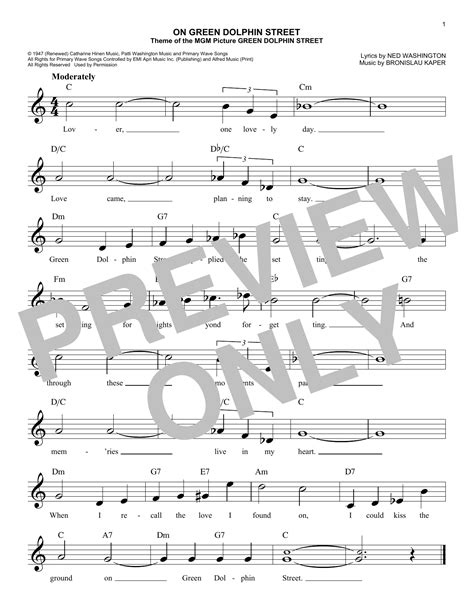 On Green Dolphin Street By Ned Washington Sheet Music For Easy Lead
