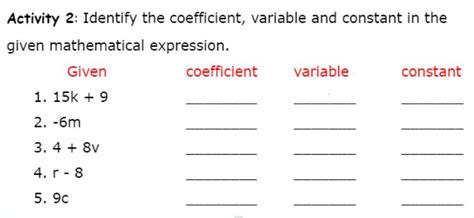 Activity 2 Identify The Coefficient Variable And Constant In The Given Mathematical Expression
