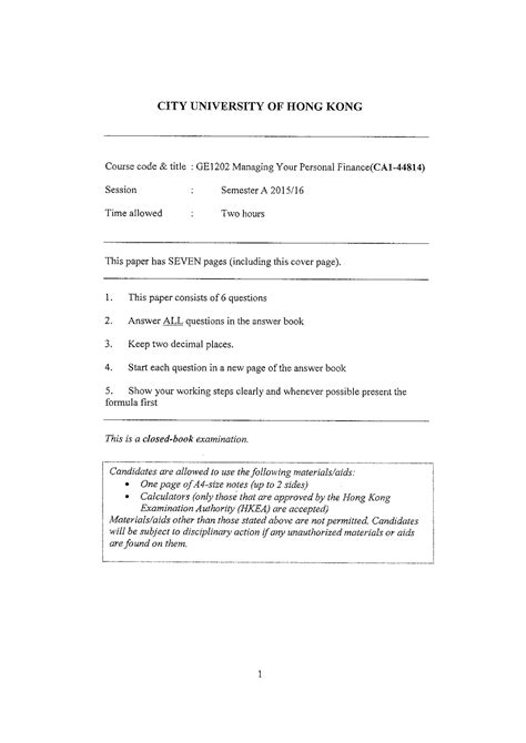 Finance Past Paper 2015 Papers Finance Docsity