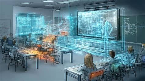 Futuristic Classroom Featuring A Holographic Teaching Assistant