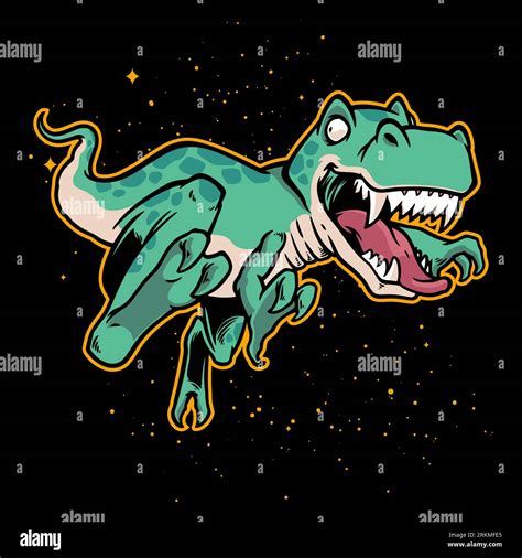 Hand Drawn Illustration Of Dinosaurs Flying On Outer Space In Green And