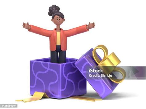 선물 상자를 통해 웃는 아프리카 계 미국인 여성 코코의 3d 그림 흰색 배경에 3d 렌더링 12월에 대한 스톡 사진 및 기타 이미지 Istock