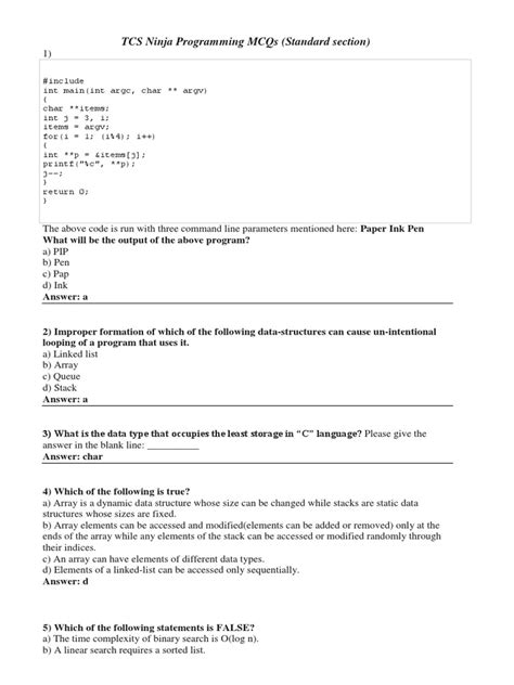 Tcs Ninja Programming Mcqs Pdf Array Data Structure C