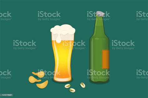 거품이 많은 맥주 한 잔과 맥주와 스낵 한 병 맥주에 대한 스톡 벡터 아트 및 기타 이미지 맥주 0명 가득 찬 Istock