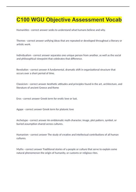Wgu C100 Introduction To Humanities Pre Assessment Test Questions And Answers Wgu C100