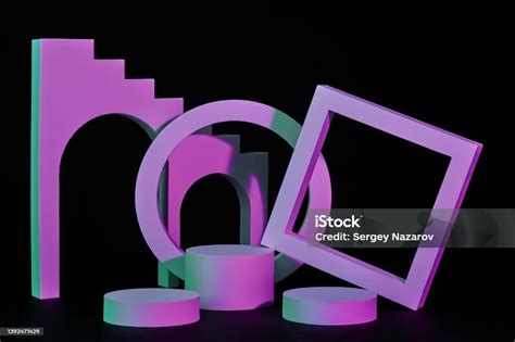보라색 원통형 플랫폼 프레임 및 검은 색 배경에 아치형 계단 0명에 대한 스톡 사진 및 기타 이미지 0명 3차원 형태 개념 Istock