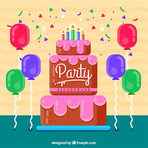 Enorme Pastel De Cumpleaños Globos Y Confeti Vector Gratis