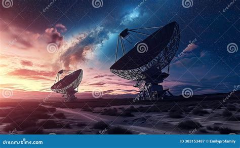Two Satellite Dishes On Earth Probing Mysteries Of Space At High Tech