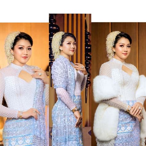 တော်ဝင်သဇင်ပန်းတွေကို ခေါင်းထက်မှာ ပန်ဆင်ပြီး ကျက်သရေရှိတဲ့ မြန်မာဝတ်စုံနဲ့ တင့်တယ်လှပနေတဲ့