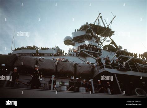 Crew Members Line The Rails Aboard The Battleship Uss Wisconsin Bb 64