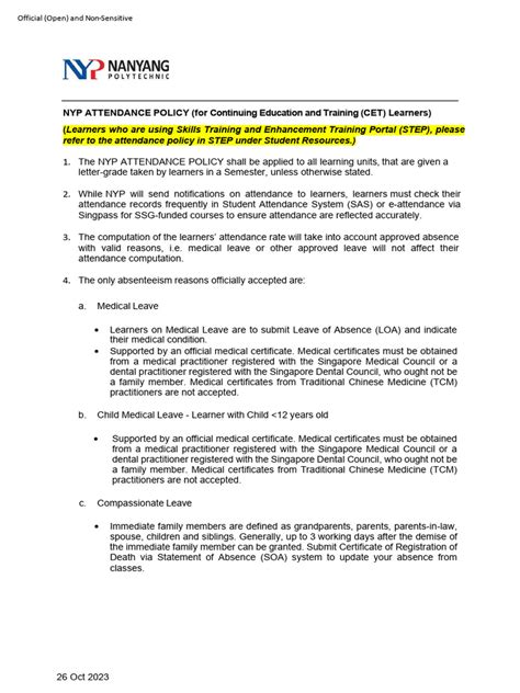 Nyp Attendance Policy For Cet Learners Sas Pdf