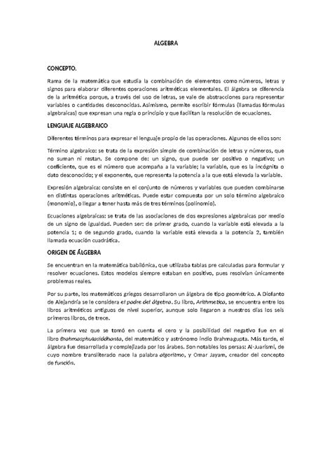 Algebra Concepto Fundamentos Y Orígenes Matemáticos Studocu