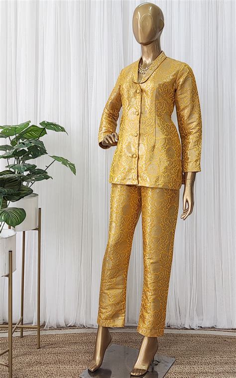 Yellow Brocade Pant Suit Co Ord Set