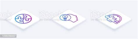 램프 전구와 시간 관리와 퍼즐 인간의 머리 퍼즐의 등도 라인 조각을 설정합니다 흰색 정사각형 버튼 벡터 3차원 형태에 대한 스톡