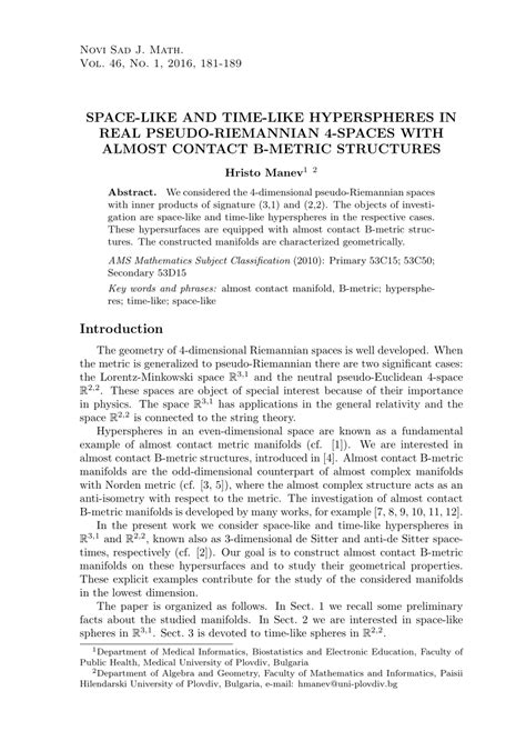 Pdf Space Like And Time Like Hyperspheres In Real Pseudo Riemannian 4 Spaces With Almost