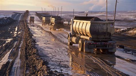 Trucks Carrying Large Loads Of Bitumen From A Tar Sands Mine Surrounded