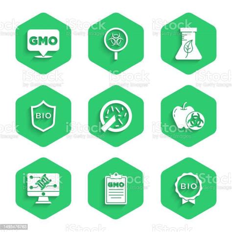 박테리아 Gmo 바이오 건강 식품 라벨 유전자 변형 사과 엔지니어링 수정 방패 시험관 및 플라스크 및 아이콘이 있는 페트리