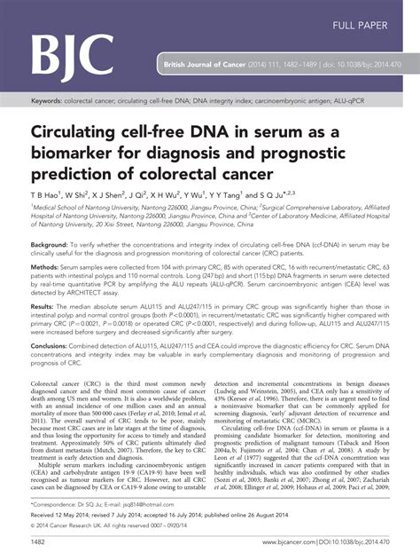 Pdf Circulating Cell Free Dna In Serum As A Biomarker For Diagnosis And Prognostic Prediction