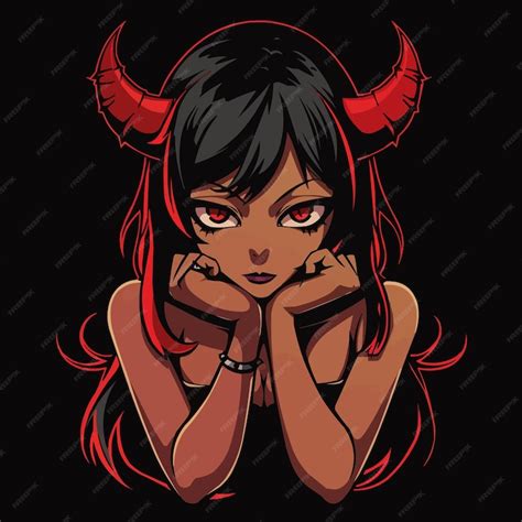 Premium Vector Vector Anime Demon Girl With Horns And Hand On Chin Thinking About Something