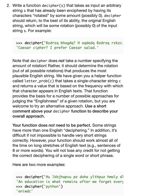Solved 2 Write A Function Deciphers That Takes As Input
