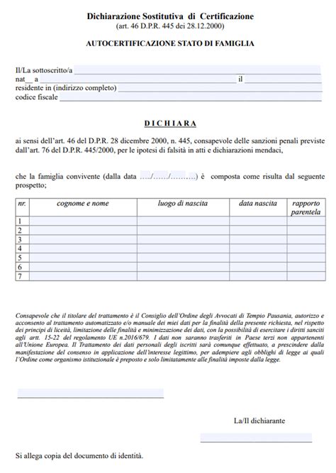 Autocertificazione Stato Di Famiglia Word E Pdf Modulo