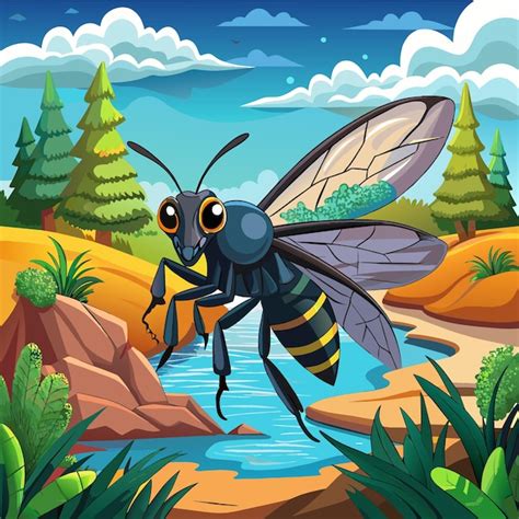 Premium Vector Black Wasp Bug Preoccupied Sits Ocean Vector