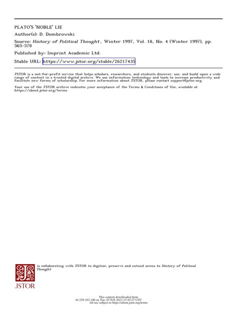 Plato S Noble Lie Dombrowski Pdf Plato Leo Strauss