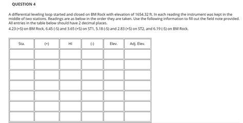 solved question 4 a differential leveling loop started and